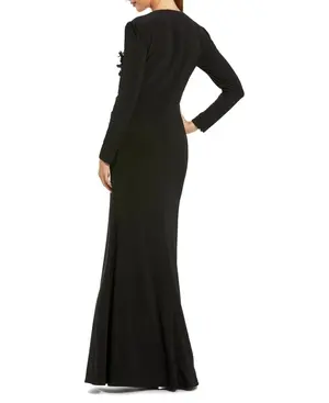 Mac Duggal Long Sleeve High Neck Floral Beaded Gown