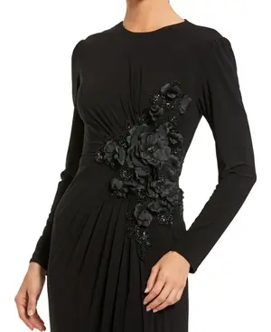 Mac Duggal Long Sleeve High Neck Floral Beaded Gown