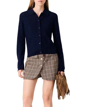 Maje Rhinestone Polo Collar Cardigan