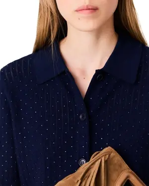 Maje Rhinestone Polo Collar Cardigan