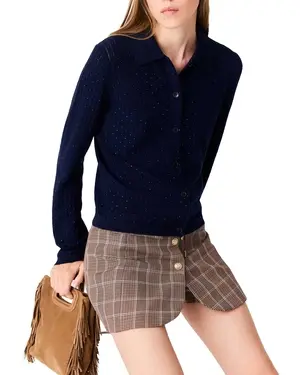 Maje Rhinestone Polo Collar Cardigan