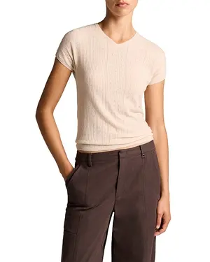 Vince Wool Pointelle V-neck Tee - Blush Cloud