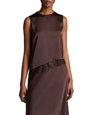 Vince Asymmetrical Lace Trimmed Satin Shell - Iron