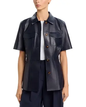 Lafayette 148 New York Leather Belted Patch Pocket Jacket - Ink