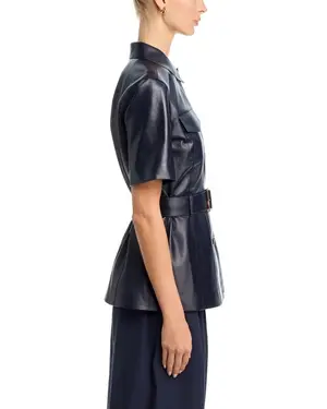 Lafayette 148 New York Leather Belted Patch Pocket Jacket