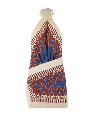 Johanna Ortiz Printed Cotton Halterneck Mini Dress - Ecru Blue