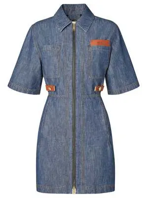 Fendi Fendi Short Cotton Denim Shirt-Collar Dress With Zip Front And Leather Details Navy