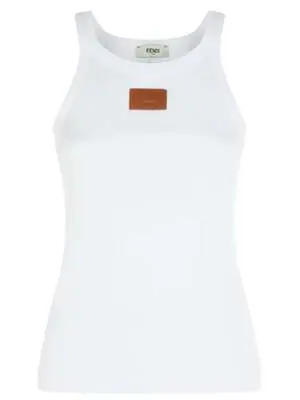 Fendi Logo Crewneck Cotton Top With Leather Patch
