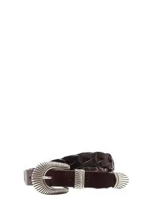 GOLDEN GOOSE Leather Belt With Woven Motif - Brown