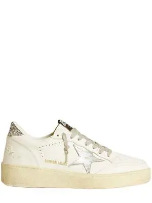 GOLDEN GOOSE Vintage Effect Leather Ball Star Sneakers With Metallic Star And Glitter Heel Tab - Silver