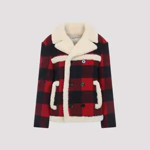 Celine Checked Double-breasted Shearling Jacket - Red
