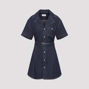 Celine Denim Mini Shirt Dress With Belt - Blue