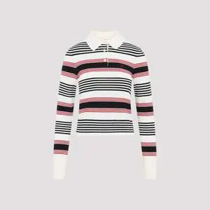 Celine Striped Cotton Polo Sweater - White
