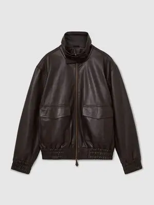 REISS Trinity Leather Bomber Jacket - Bordeaux