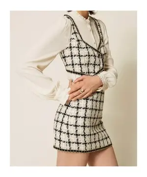 TWINSET Plaid Bouclé Mini Skirt With Velvet And Metallic Trim