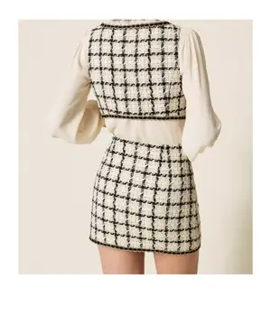 TWINSET Plaid Bouclé Mini Skirt With Velvet And Metallic Trim