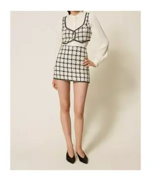 TWINSET Plaid Bouclé Mini Skirt With Velvet And Metallic Trim