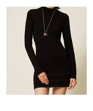 TWINSET Studded Funnel Neck Knit Mini Dress