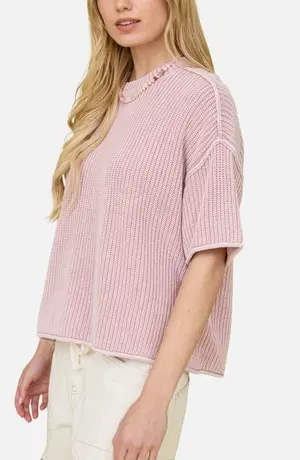 J.O.A. Rib Knit Raw Edge Cotton Blend Sweater - Dusty Pink