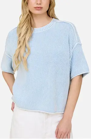 J.O.A. Rib Knit Raw Edge Cotton Blend Sweater - Light Blue