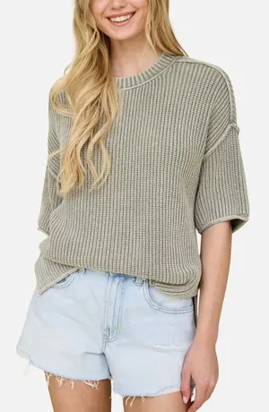 J.O.A. Rib Knit Raw Edge Cotton Blend Sweater