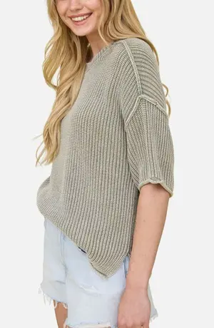 J.O.A. Rib Knit Raw Edge Cotton Blend Sweater