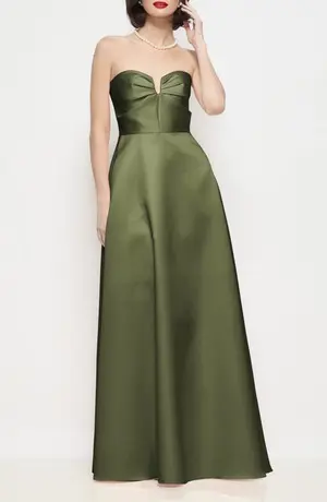 Dessy Collection Strapless Satin Gown With U-wire Detail And Pleats - Olive Green