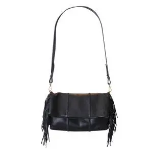 Carlos Falchi Carlos Falchi Leather Fringe Crossbody Messenger Bag Black