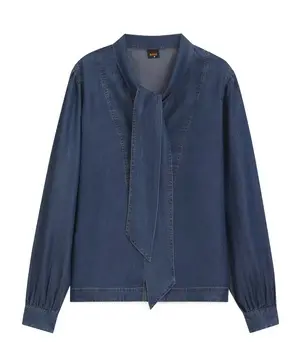 Hugo Boss Denim-look Blouse With Scarf Detail - Blue