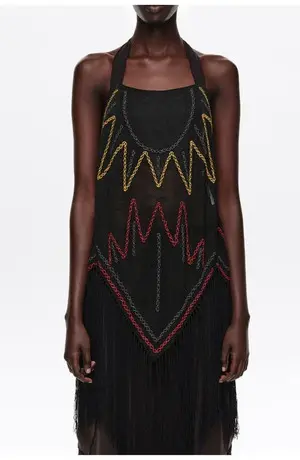 Bimba Y Lola Embroidered Knit Halter Top With Fringing - Black