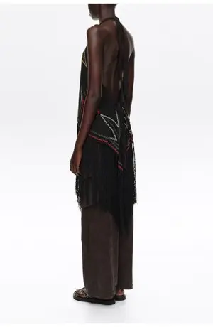 Bimba Y Lola Embroidered Knit Halter Top With Fringing