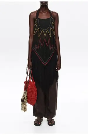 Bimba Y Lola Embroidered Knit Halter Top With Fringing