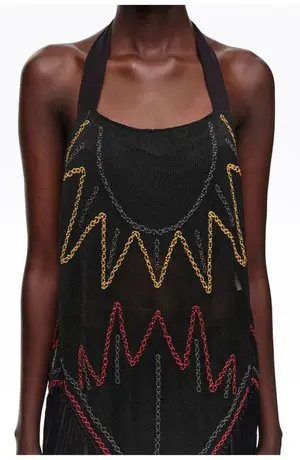 Bimba Y Lola Embroidered Knit Halter Top With Fringing