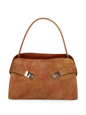 FERRAGAMO Medium Hug Soft Croc-effect Suede Shoulder Bag - Brown