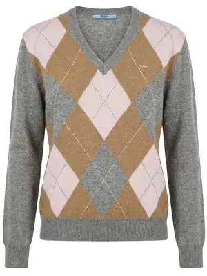Prada Argyle Pattern V-neck Cashmere Sweater - Gray