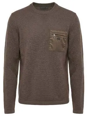 Prada Wool Sweater With Nylon Patch Pocket - Brown