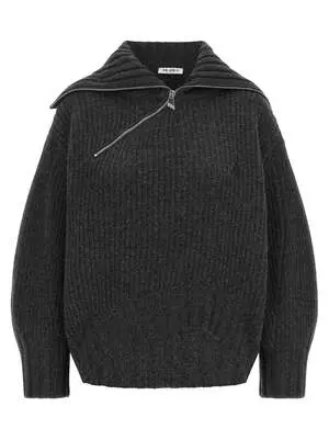 Attico Ribbed Virgin Wool And Cashmere Sweater With Asymmetrical Zip - Gray