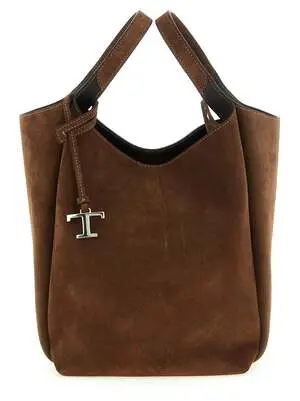 TOD'S Suede Bucket Bag With Silver T-pendant - Brown