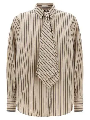 Brunello Cucinelli Striped Cotton Shirt With Integrated Tie - Cream