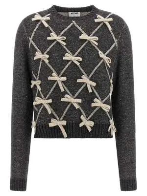 Moschino Bow Embellished Diamond Knit Sweater - Gray
