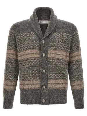 Brunello Cucinelli Nordic Jacquard Shawl Collar Alpaca, Cashmere, And Wool Blend Cardigan - Gray