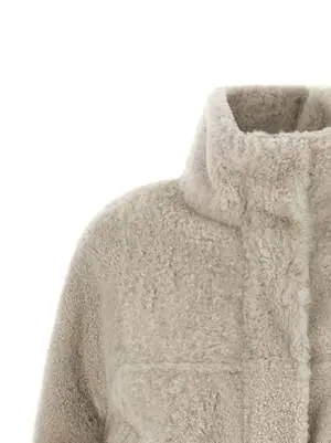 Brunello Cucinelli Cropped Shearling Jacket With High Neck - Cream