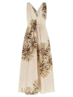 Brunello Cucinelli Sleeveless V-neck Floral Print Cotton Poplin Midi Dress - Cream