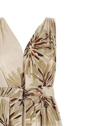Brunello Cucinelli Sleeveless V-neck Floral Print Cotton Poplin Midi Dress - Cream