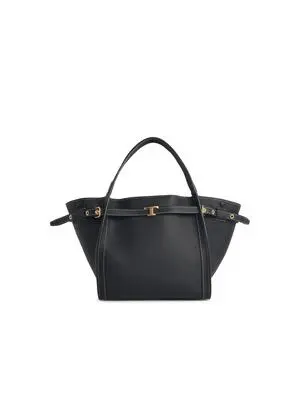 TOD'S Small Leather Shopping Bag With T Timeless Accessory - Black