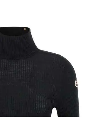 Moncler Ribbed Virgin Wool Turtleneck Sweater With Gold Snap Button Detail - Black