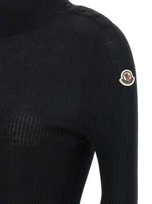 Moncler Ribbed Virgin Wool Turtleneck Sweater With Gold Snap Button Detail - Black
