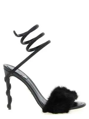 RENE CAOVILLA René Caovilla Black Leather Crystal Embellished Spiral Ankle Strap Stiletto Sandals