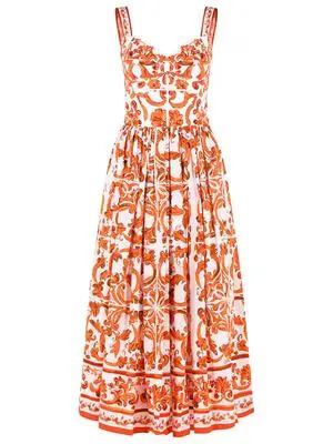 Dolce & Gabbana Maiolica' Print Cotton Maxi Dress - Orange