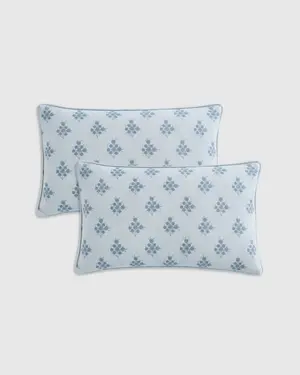 Quince Piped Block Print Cotton Pillow Cover Light Blue